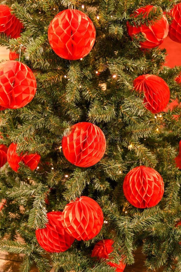 Red Christmas Tree Decorations on Lights Background Stock Image - Image ...