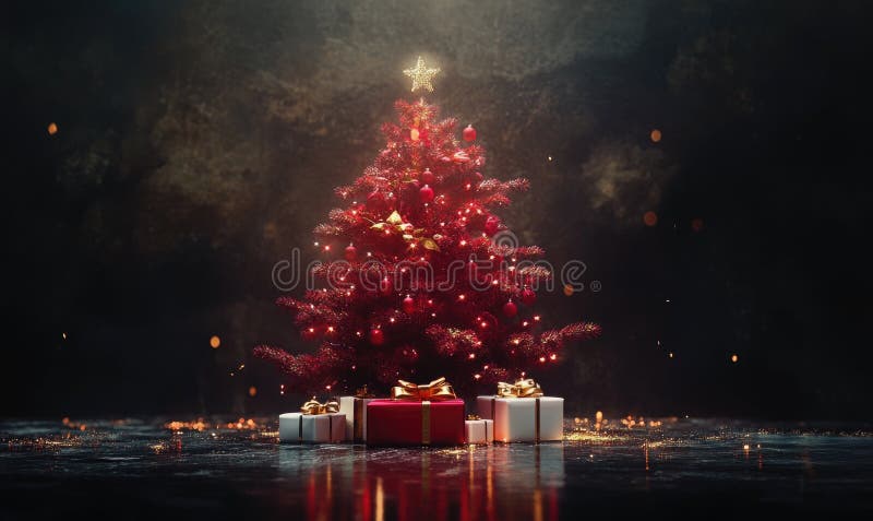 A Red Christmas Tree with a Star on Top Stock Photo - Image of shiny ...