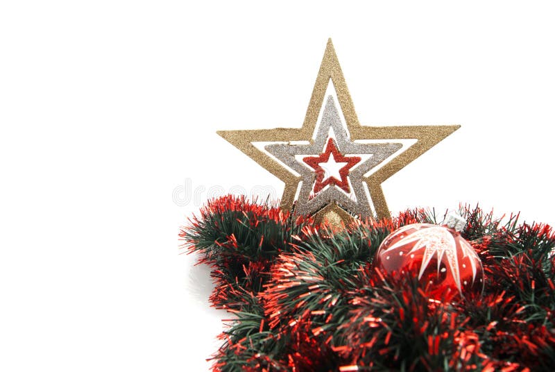 Red Christmas Tree Toy, Star and Tinsel Stock Image - Image of tinsel ...