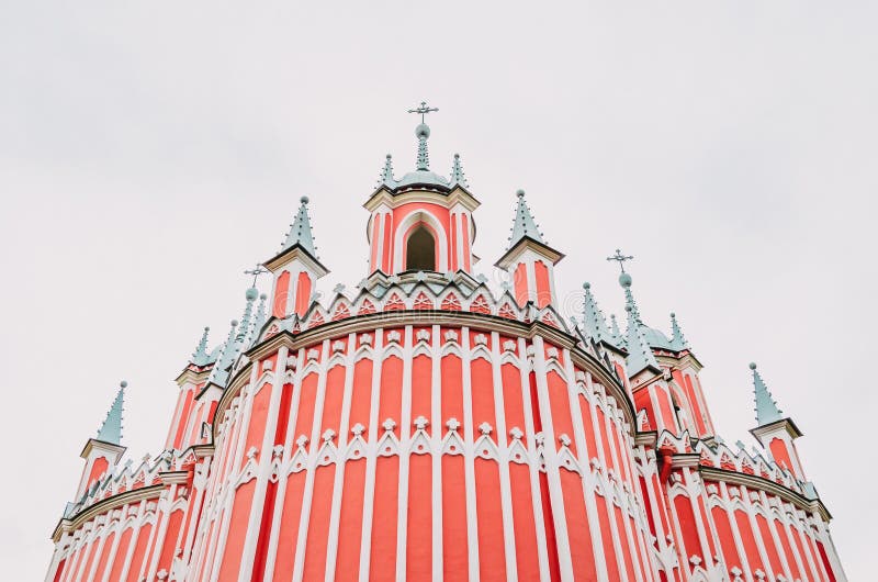 Red Church with White Strips in Gothic Style. Stock Image - Image of ...
