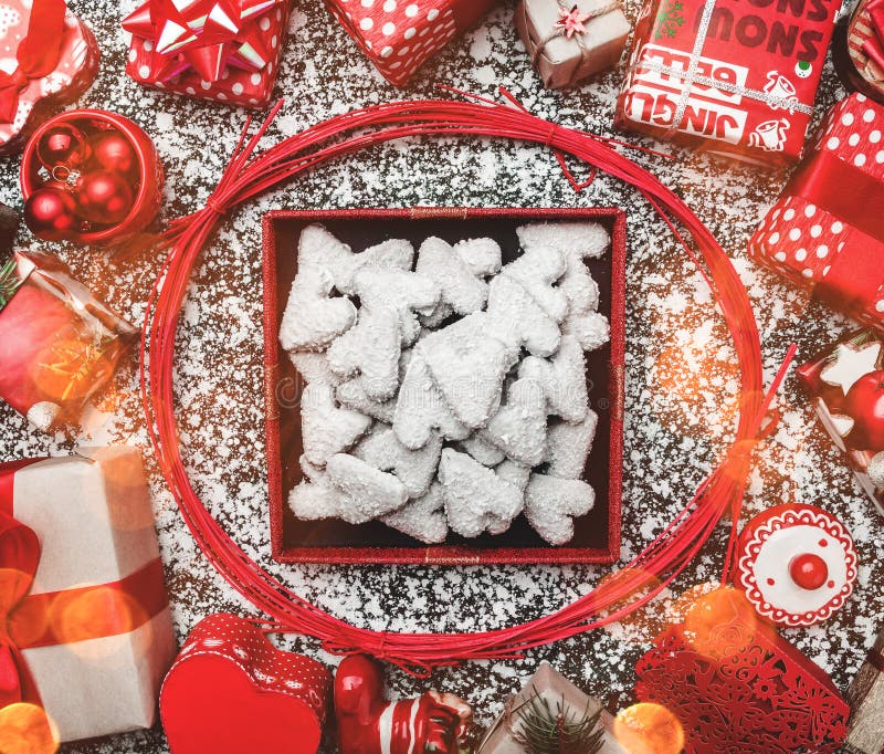 Red Circle from Decorative Wands, with Opened Black Xmas Present Box ...