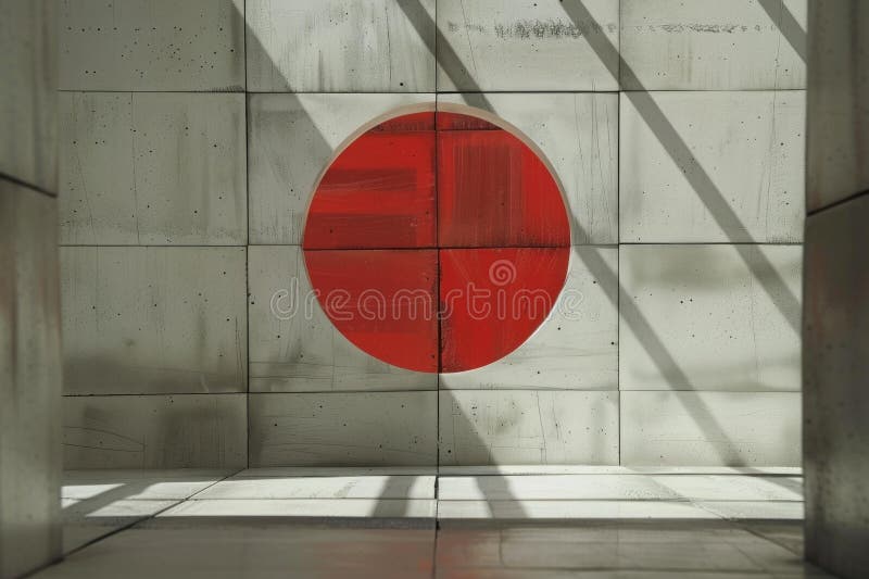 Red Circle Window Illuminating Empty Concrete Room Stock Photo - Image ...