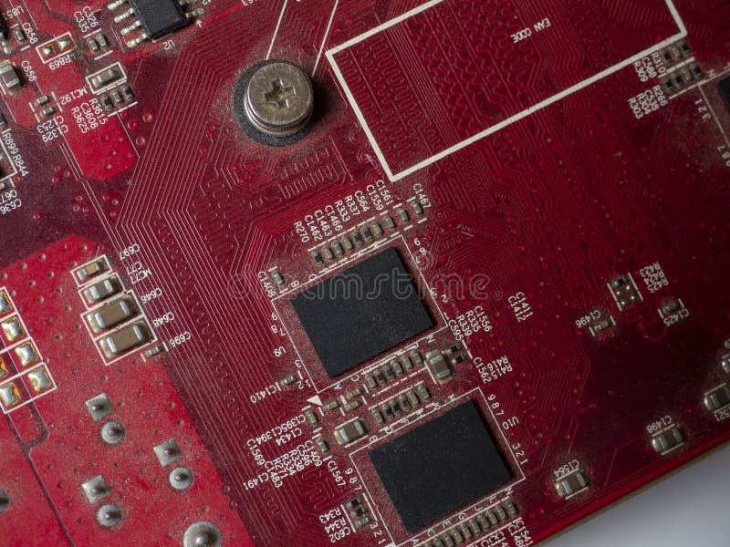 Red Circuit Board with Chips and Capacitors. Electronic Board Close-up ...