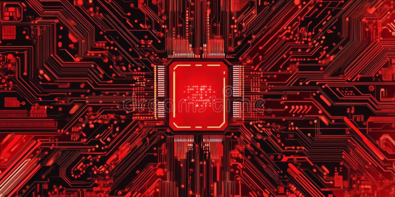 Red Circuit Board with Microchip Illuminated in Center of Complex ...
