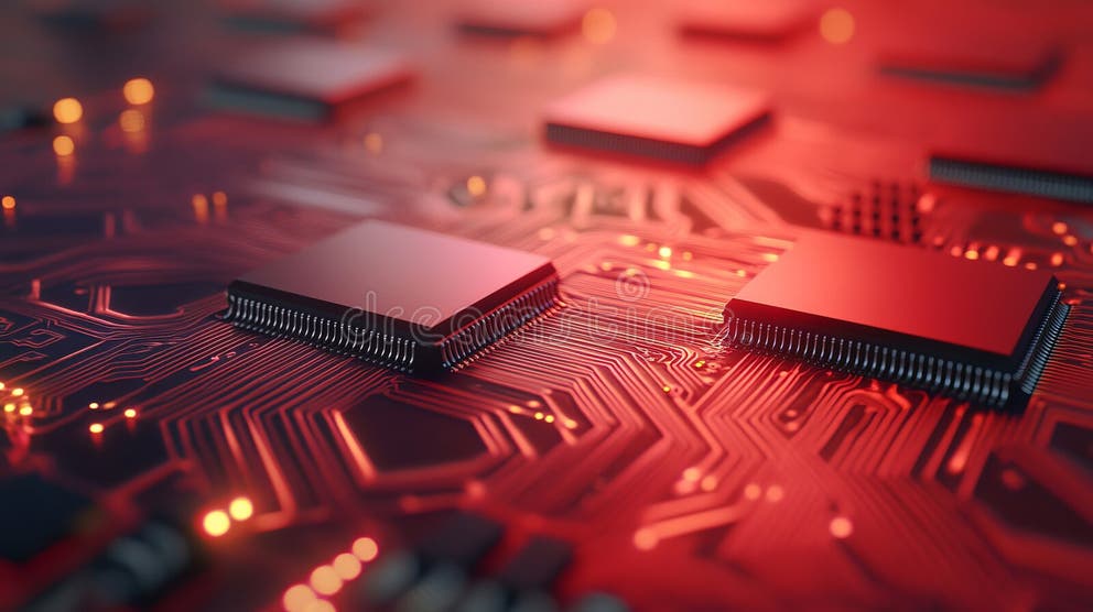Red Circuit Board with Microchips Conveys Technology and Data ...
