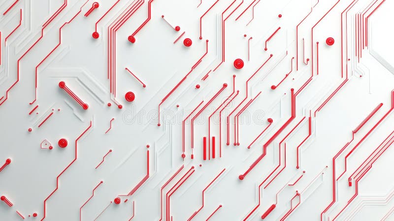 Red Circuit Pattern on White Background with Geometric Lines and Dots ...