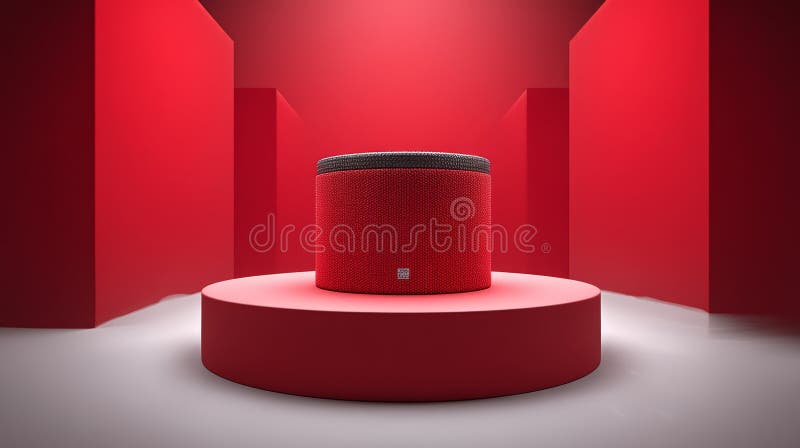 Red Circular Pedestal with 3D Objects in Dramatic Setting for Visual ...