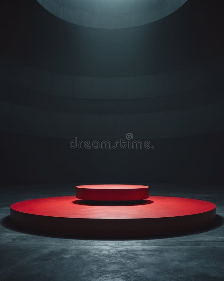 Red Circular Platform Under Dramatic Lights in Empty Dark Space Stock ...