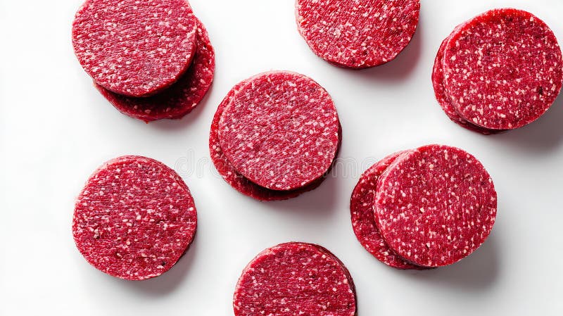 Red Circular Slices of Raw Ground Meat are Scattered on a White ...