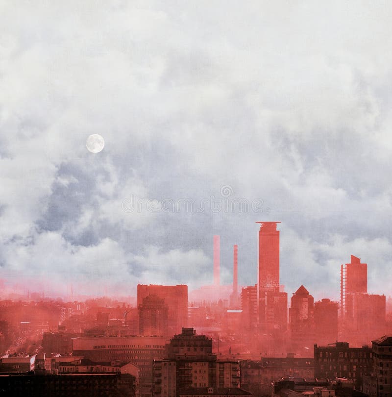 Red City Skyline with Cloudy Sky and Full Moon. Concept of Global ...