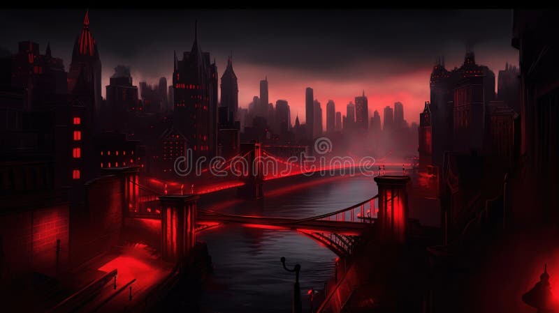 A Red Cityscape with a Bridge in the Foreground Stock Illustration ...