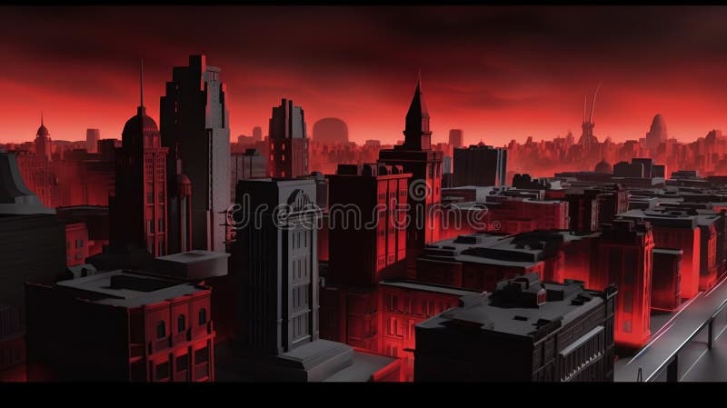 A Red Cityscape with Tall Buildings and a Red Sky Stock Illustration ...
