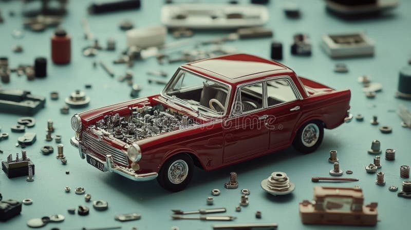 Red Classic Car Model Disassembled with Parts Stock Illustration ...