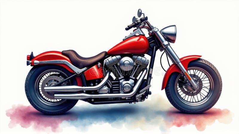 Red Classic Cruiser Motorcycle on Watercolor Background Stock ...