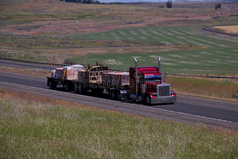 Red Classic Semi-Truck / Loaded Flatbed Stock Image - Image of eighteen ...