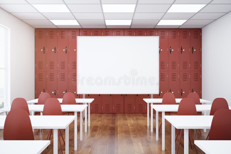 Red classroom interior stock illustration. Illustration of desks - 79369108
