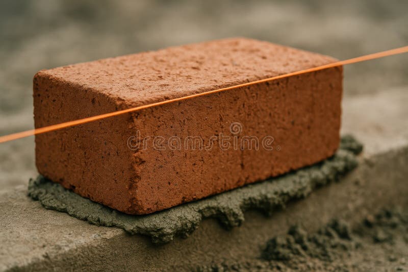 Red Clay Brick Being Precisely Placed on Fresh Mortar for Wall ...