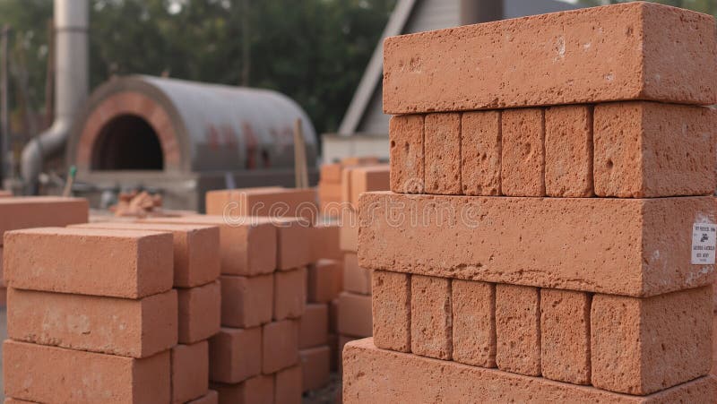 Red Clay Bricks Stacked Outdoors with Industrial Kiln in Soft Natural ...