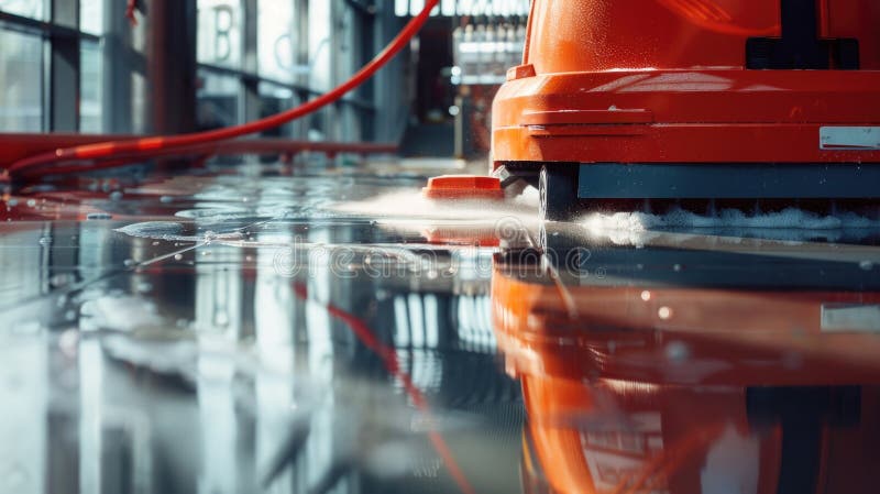 A Red Cleaning Machine is in Action on the Floor of a Building, Focused ...