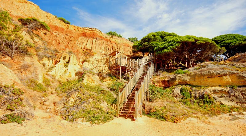 Red Cliffs, Pine and Wooden Steps(Portugal) Stock Image - Image of rock ...