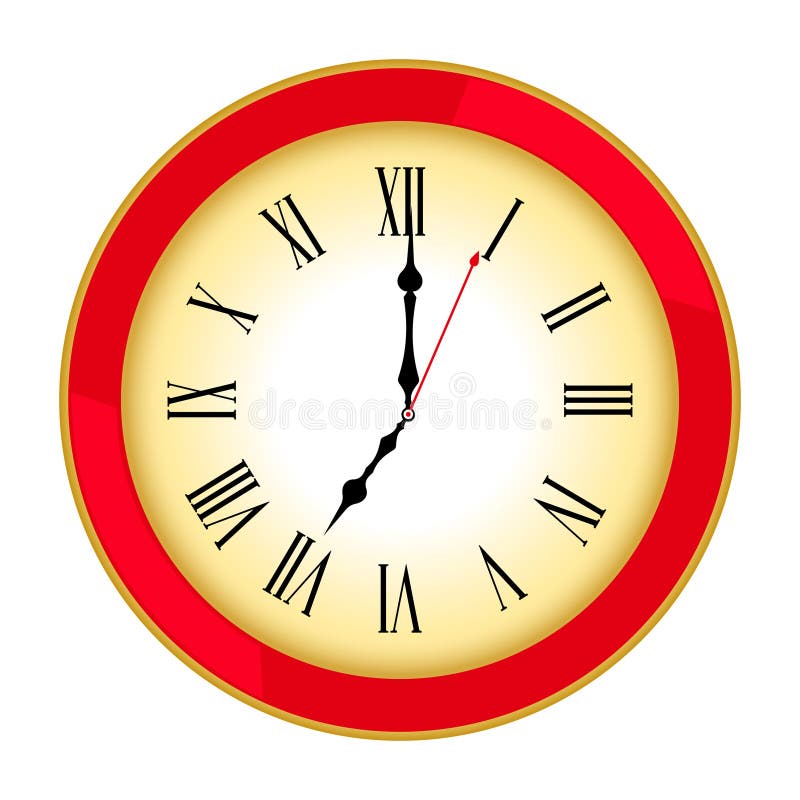 Round Red Wall Clock with Roman Numerals Showing 7am. Stock Vector ...
