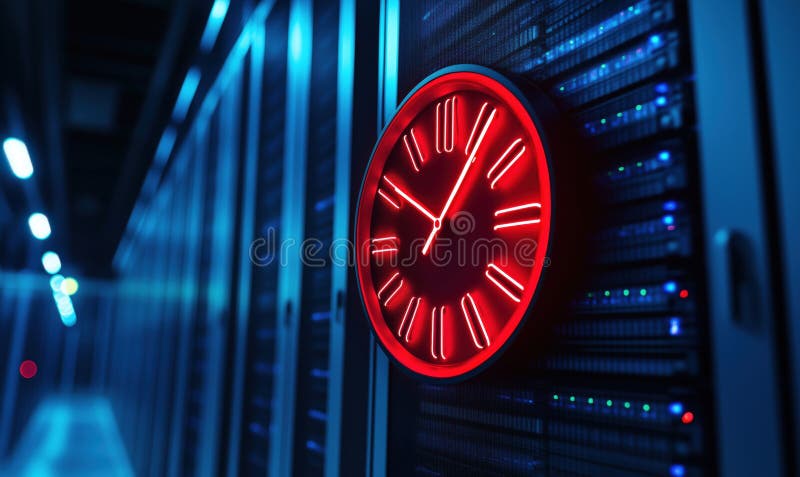Red Clock in Data Center, Illuminated by Blue Lights, Showcasing Modern ...
