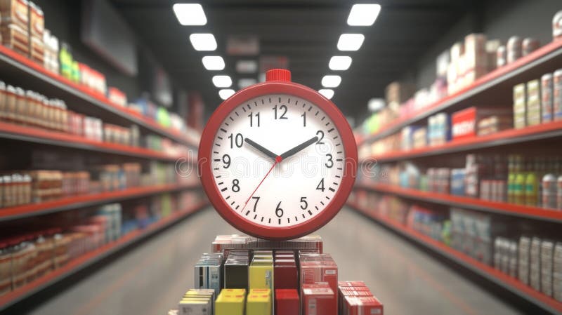 Red Clock on Shelf in Supermarket Aisle Stock Illustration ...
