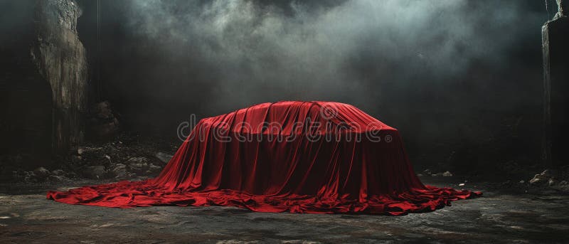 Red Cloth Covers a Mysterious Object in a Dark Room with Smoke Stock ...