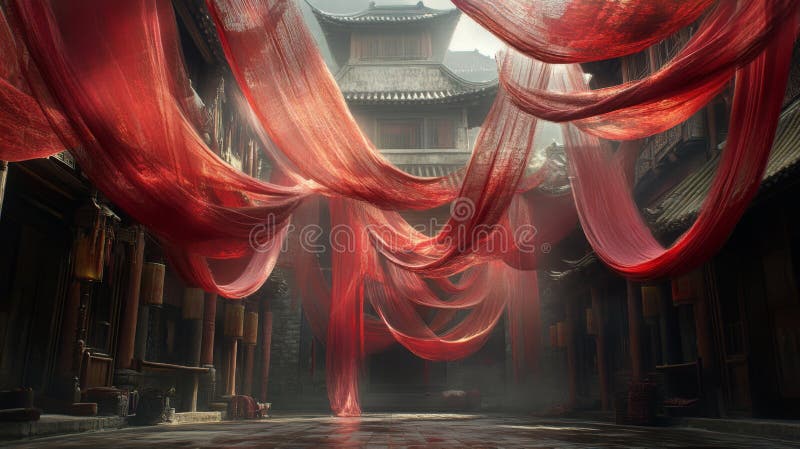 Red Cloth Drapes Across Ancient Asian Courtyard Stock Illustration ...