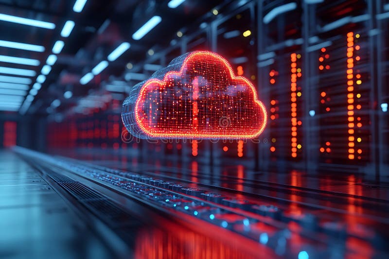 Red Cloud Computing Symbol Amidst Server Racks in Data Center ...