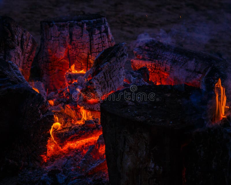 Red Coal and Fire Flames in the Middle of the Campfire Stock Image ...