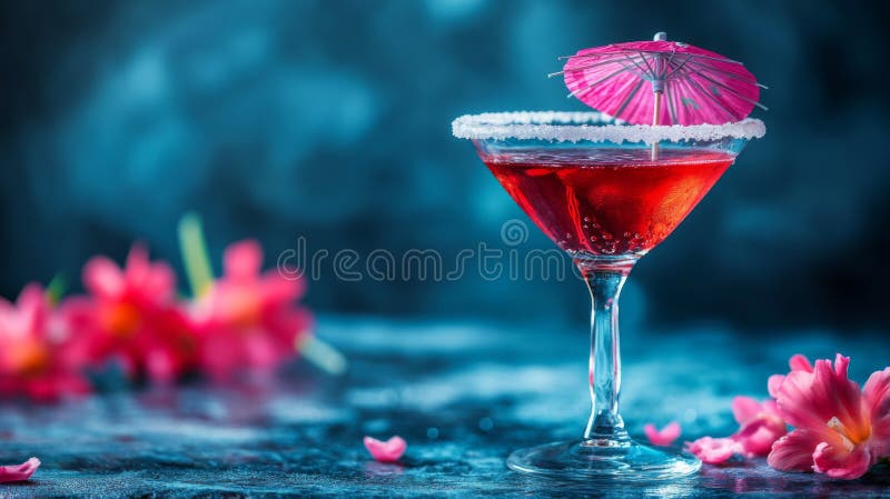 Red Cocktail Drink with Pink Umbrella and Flowers Stock Illustration ...