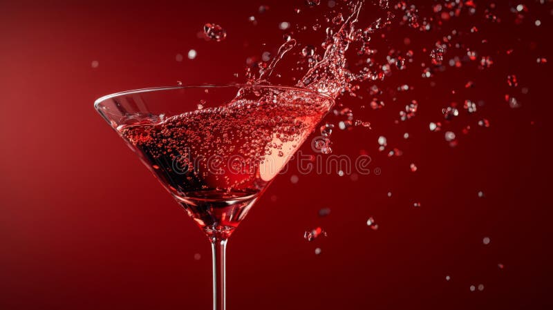 Red Cocktail Splashing in Martini Glass on Red Background Stock ...
