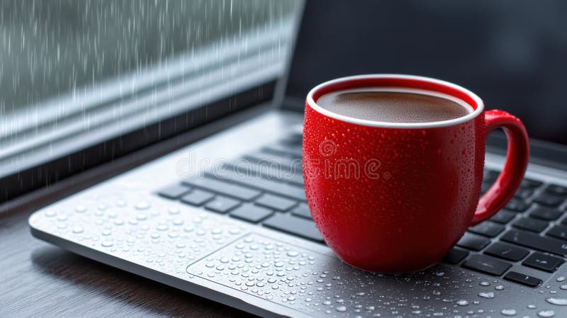 A Red Coffee Cup Sitting on a Laptop Computer, AI Stock Image - Image ...