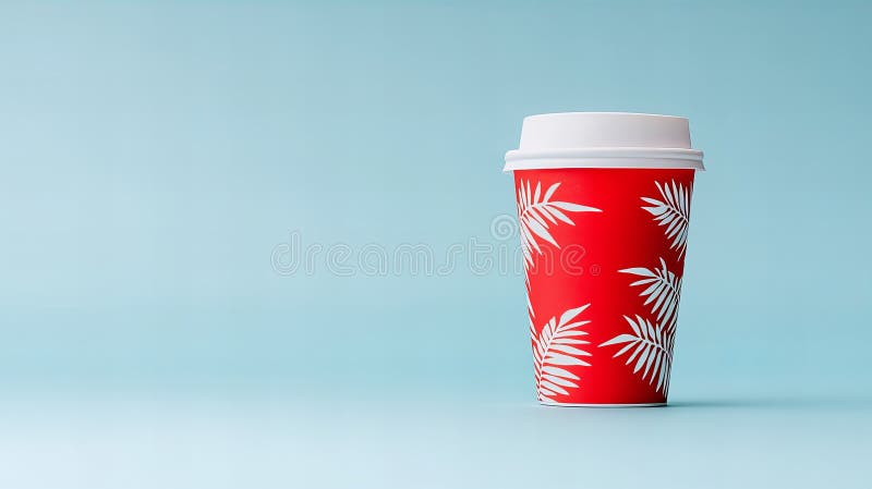 Red Coffee Cup with White Leaf Pattern on Light Blue Background Stock ...