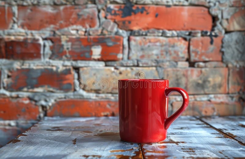 Red Coffee Cup on White Table Against a Brick Wall Stock Image - Image ...