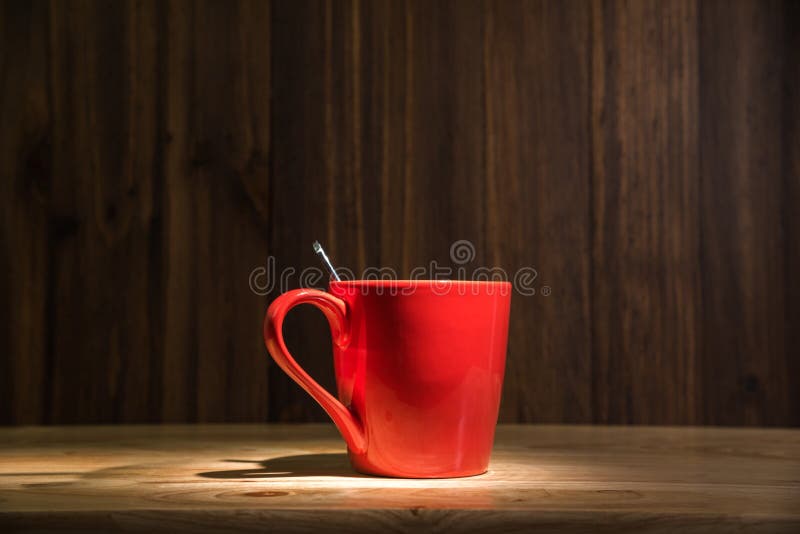 Red Coffee Cup on Wooden Table Background Stock Image - Image of ...