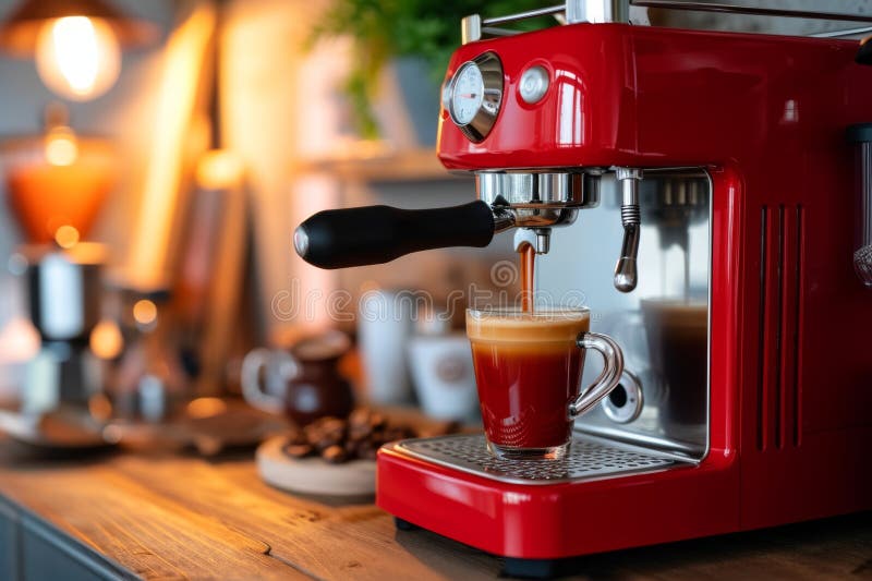 Red Coffee Machine Making Espresso Stock Photo - Image of machine ...