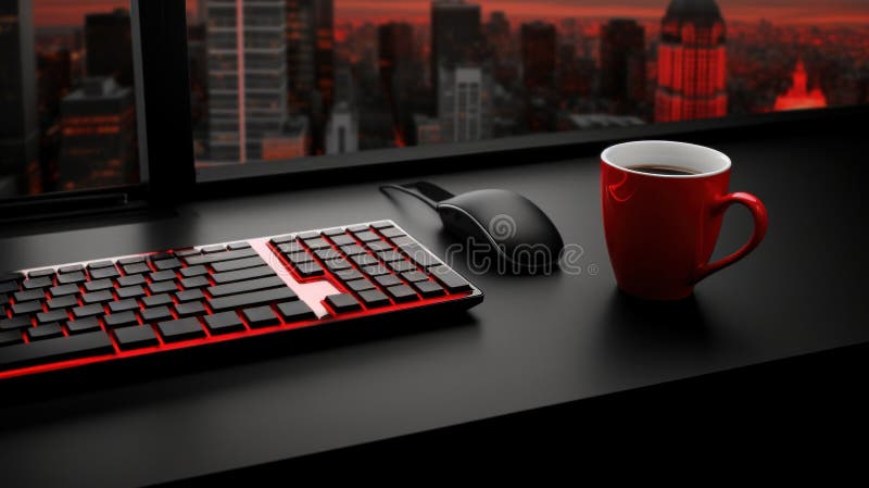 Red Coffee Mug and Gaming Keyboard on Desk Stock Illustration ...