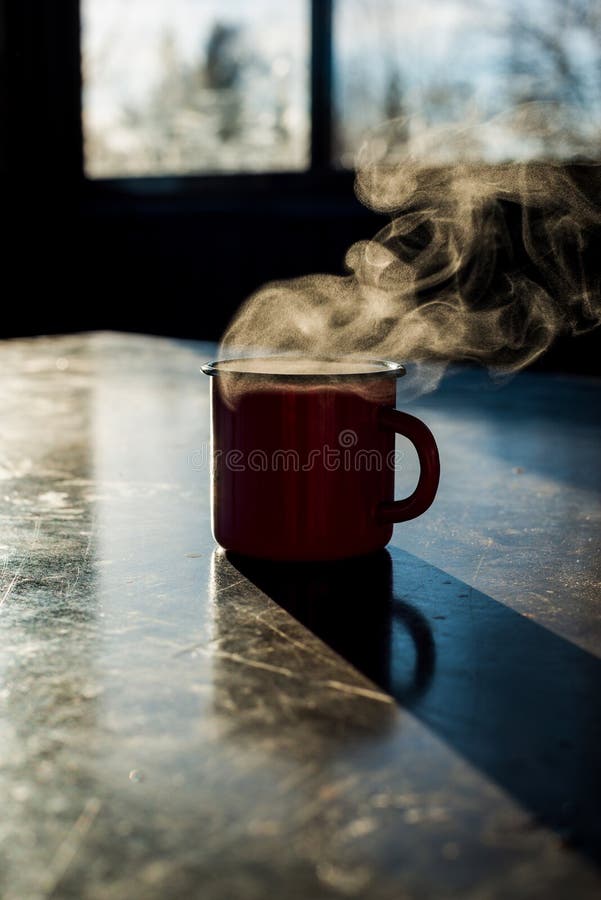 A Red Coffee Mug Sits on the Table, Steaming Stock Photo - Image of ...