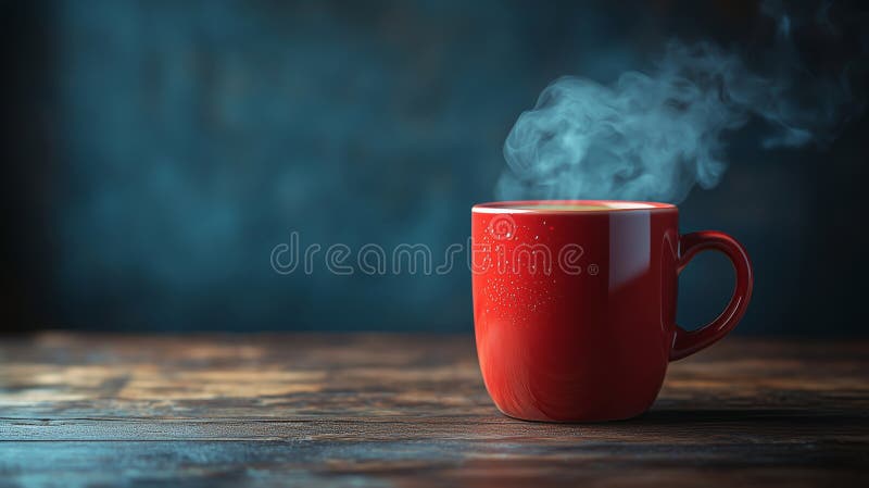Red Coffee Mug with Steam on Rustic Table Stock Image - Image of ...