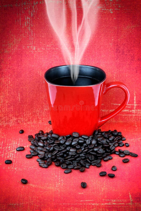Red Coffee Mugs and Coffee Beans Stock Photo - Image of good, aroma ...