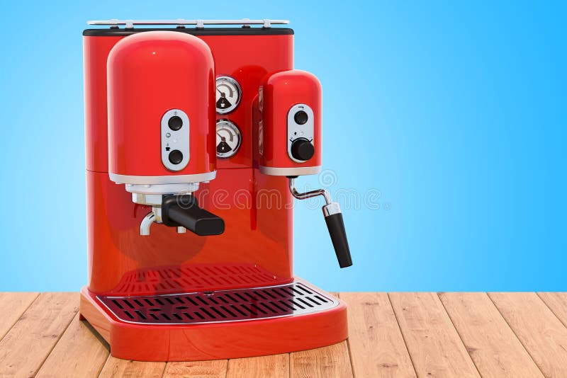 Red Coffeemaker or Coffee Machine Retro Design on the Wooden Tab Stock ...