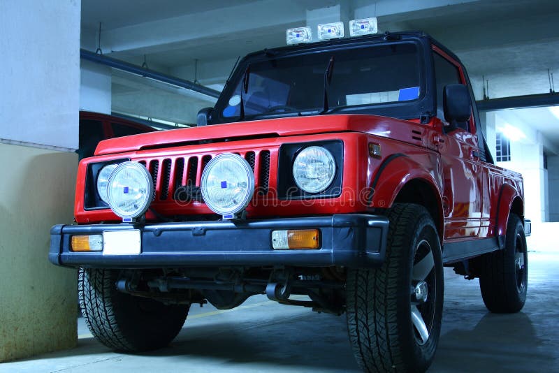 Red Color Jeep with Fog Lights Stock Photo - Image of horsepower, black ...