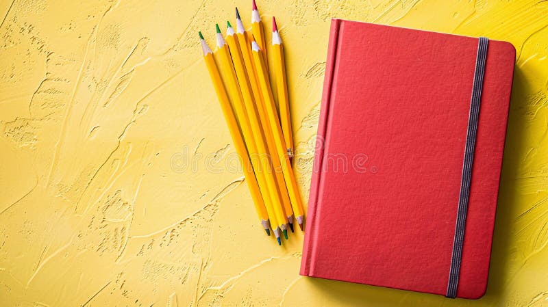 A Red Color Notebook and Graphic Pencils on Yellow Background with ...