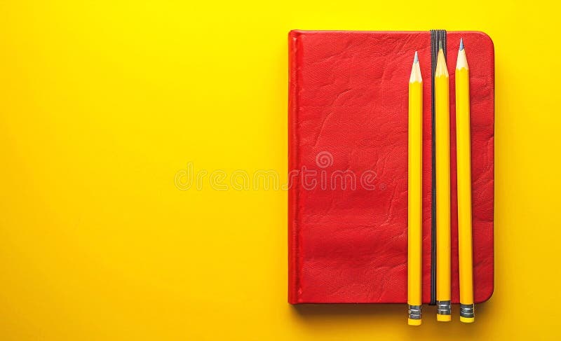 A Red Color Notebook and Graphic Pencils on Yellow Background with ...