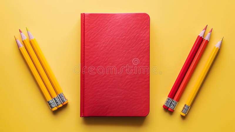 A Red Color Notebook and Graphic Pencils on Yellow Background with ...