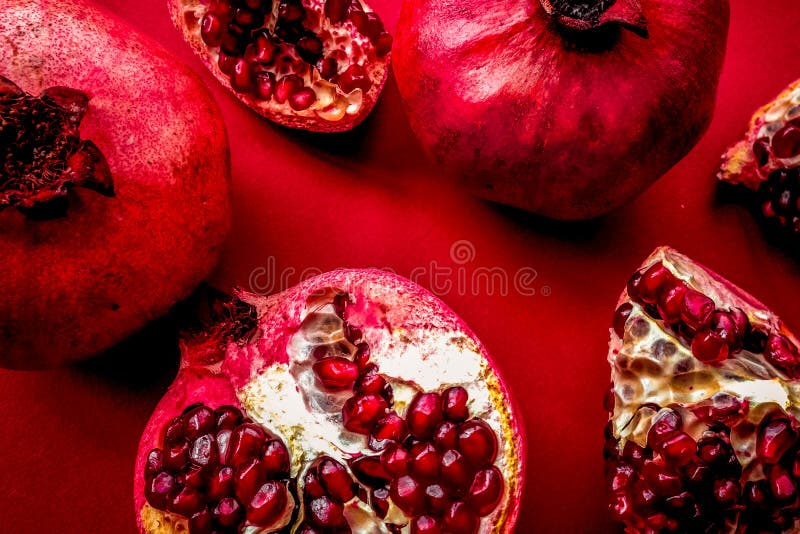 Red Color Set with Ripe Pomegranate Top View Stock Photo - Image of ...