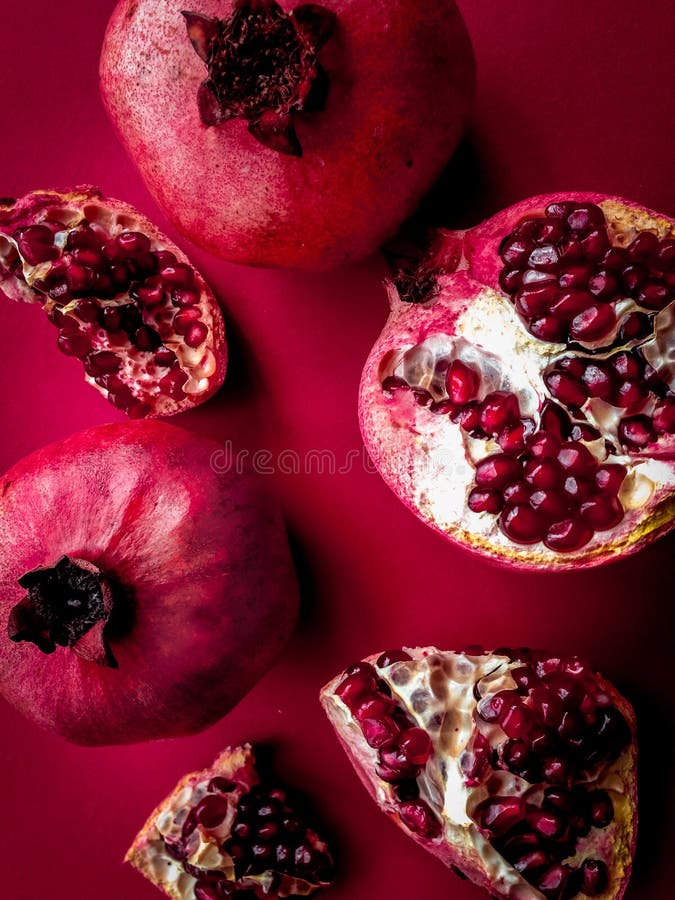 Red Color Set with Ripe Pomegranate Top View Stock Photo - Image of ...