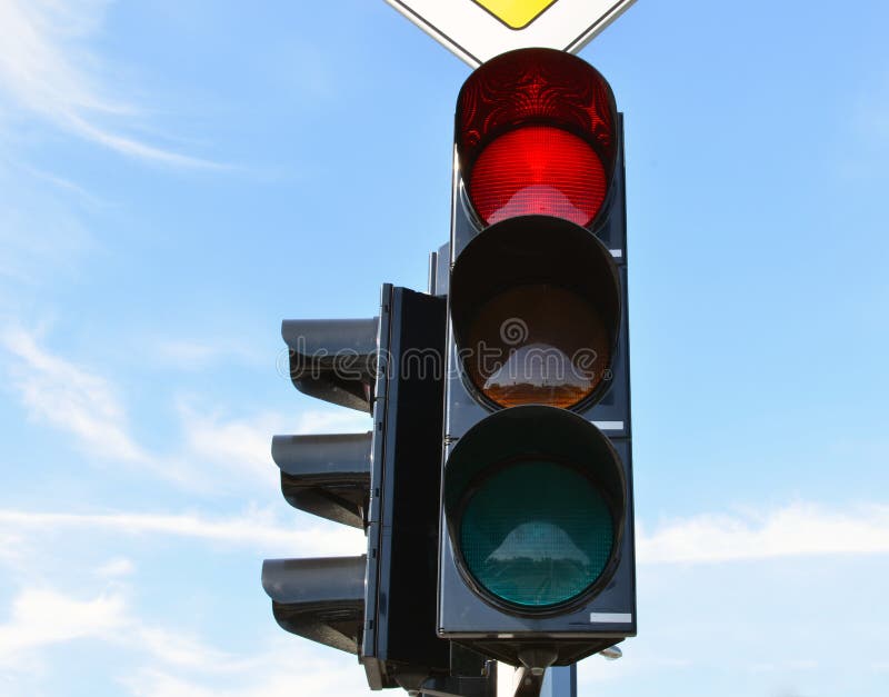 Red Color Traffic Light Blue Sky in Background Stock Image - Image of ...